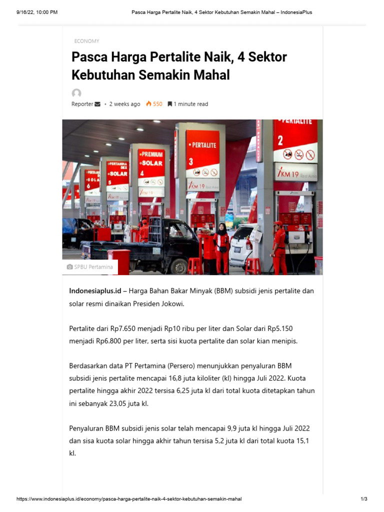 Bacaan 01 - Pasca Harga Pertalite Naik, 4 Sektor Kebutuhan Semakin Mahal - IndonesiaPlus | PDF ...