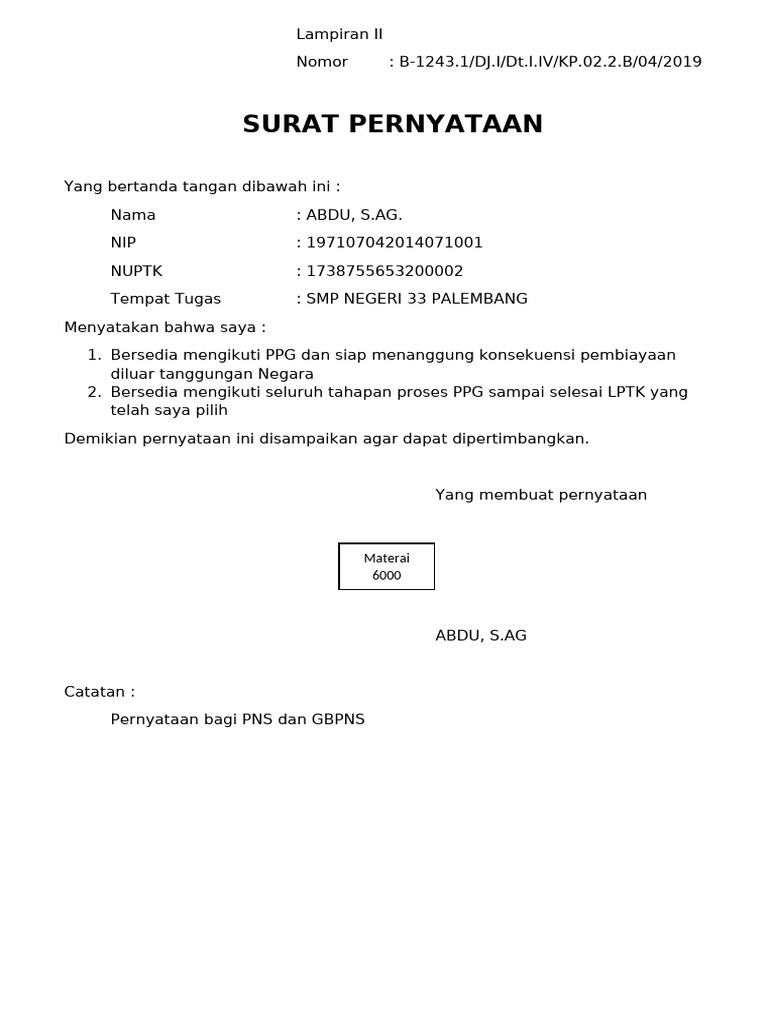 Surat Tugas Dan Surat Pernyataan Pak Abdu | PDF