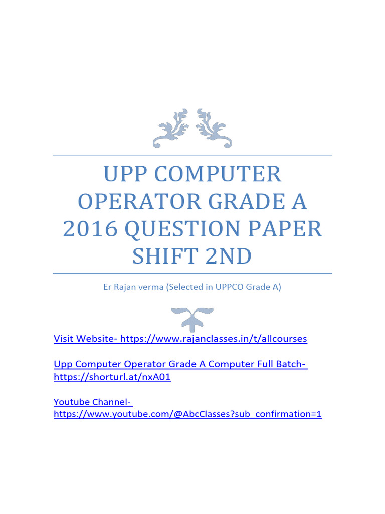 Upp Computer Operator Grade A 2016 Question Paper Shift 2nd | PDF ...