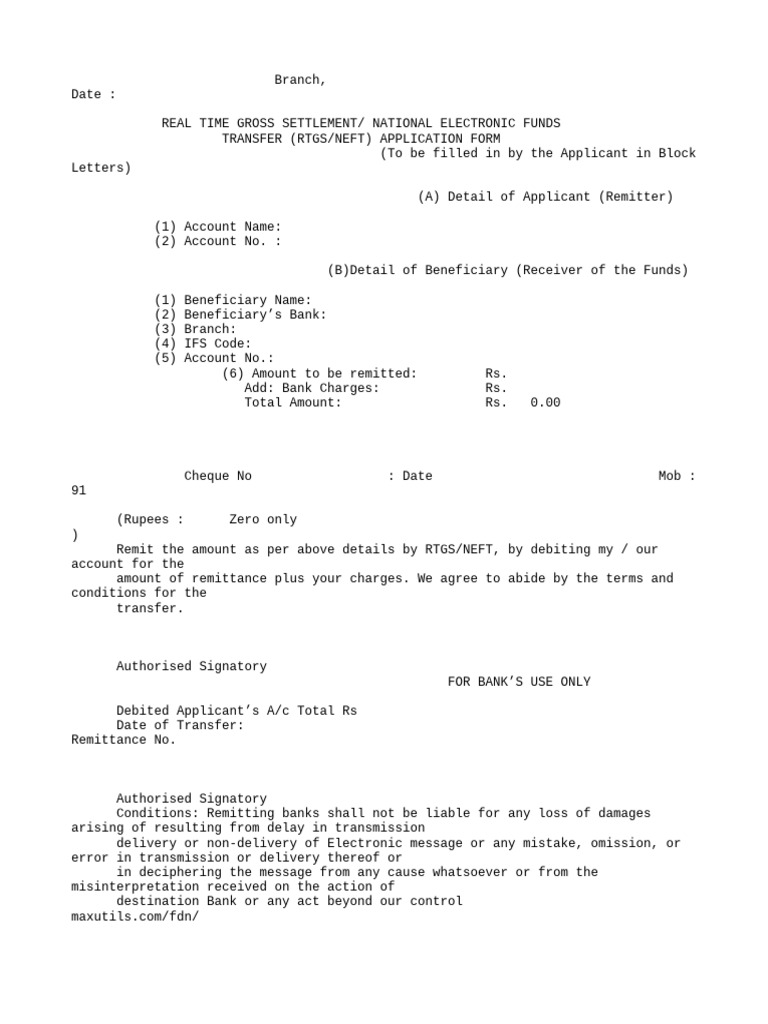SBI NEFT RTGS Form PDF | PDF