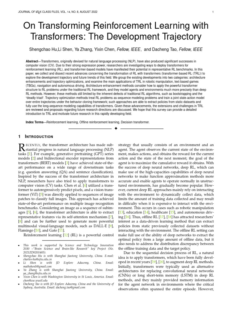 On Transforming Reinforcement Learning With Transformers: The Development Trajectory | PDF ...