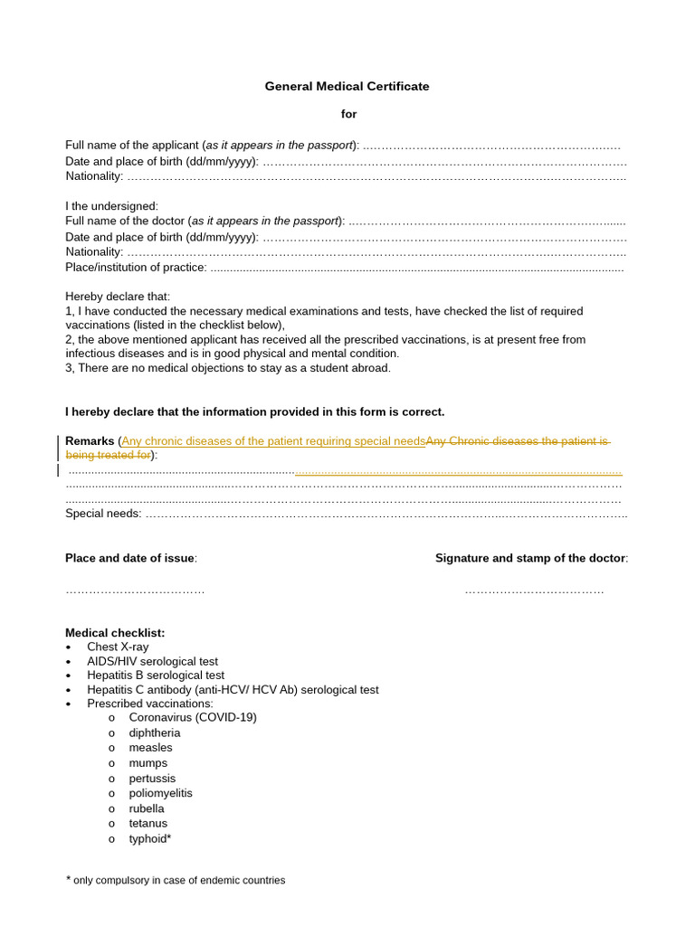 General-Medical-Certificate PDF of Student | PDF | Vaccines | Medicine