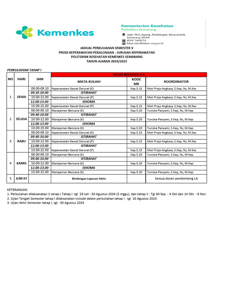 Jadwal Kul - FIX - 3A - 2024-2025 - SEMESTER V D3 - PKL | PDF