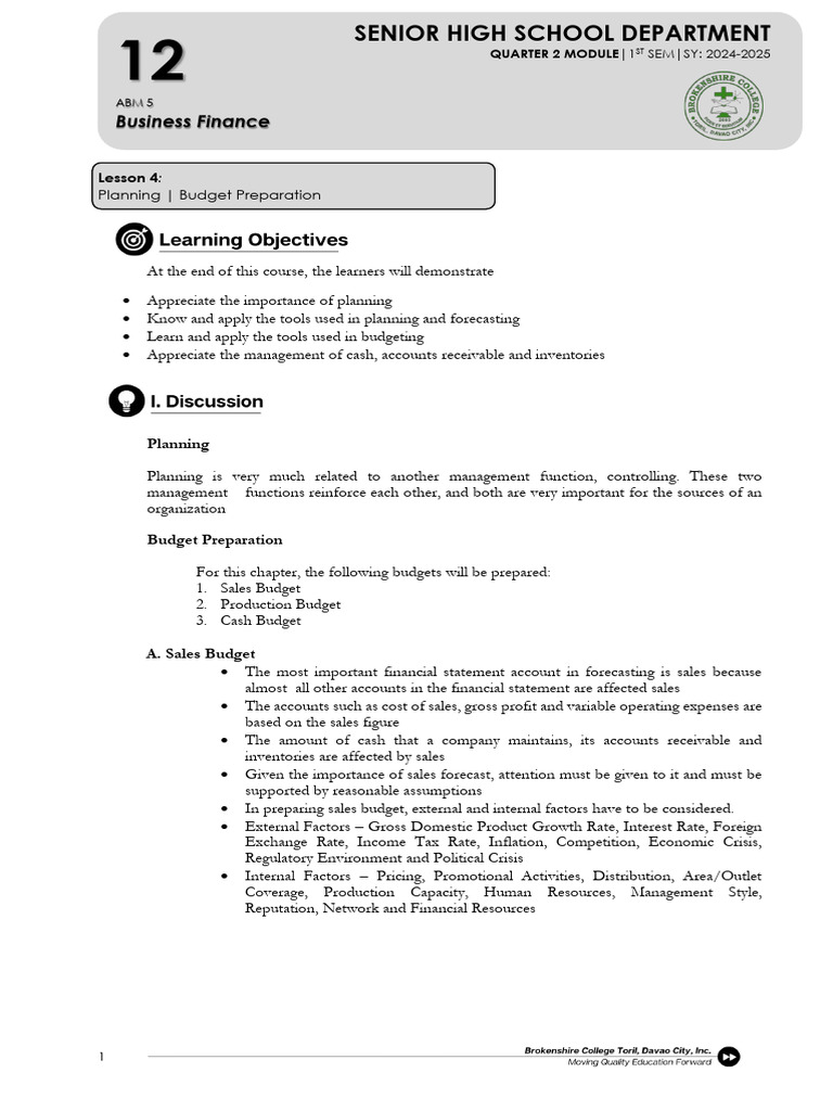 Business Finance Lesson 4 Budgeting Preparation | PDF | Budget | Inventory