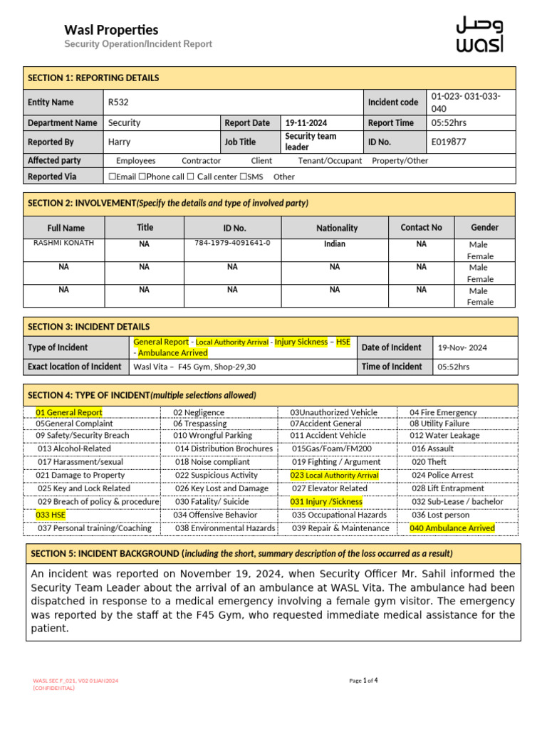 Wasl Properties: R532 01-023-031-033 - 040 Security 05:52hrs Harry E019877 | PDF | Ambulance ...
