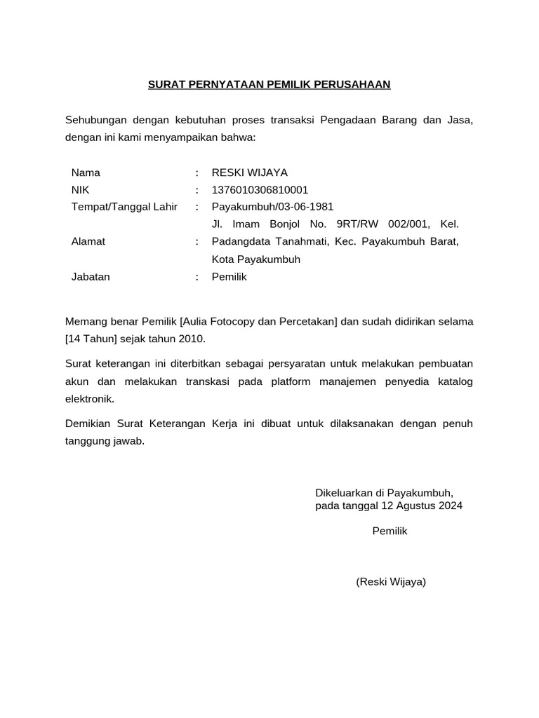 Surat Pernyataan Pemilik Perusahaan | PDF
