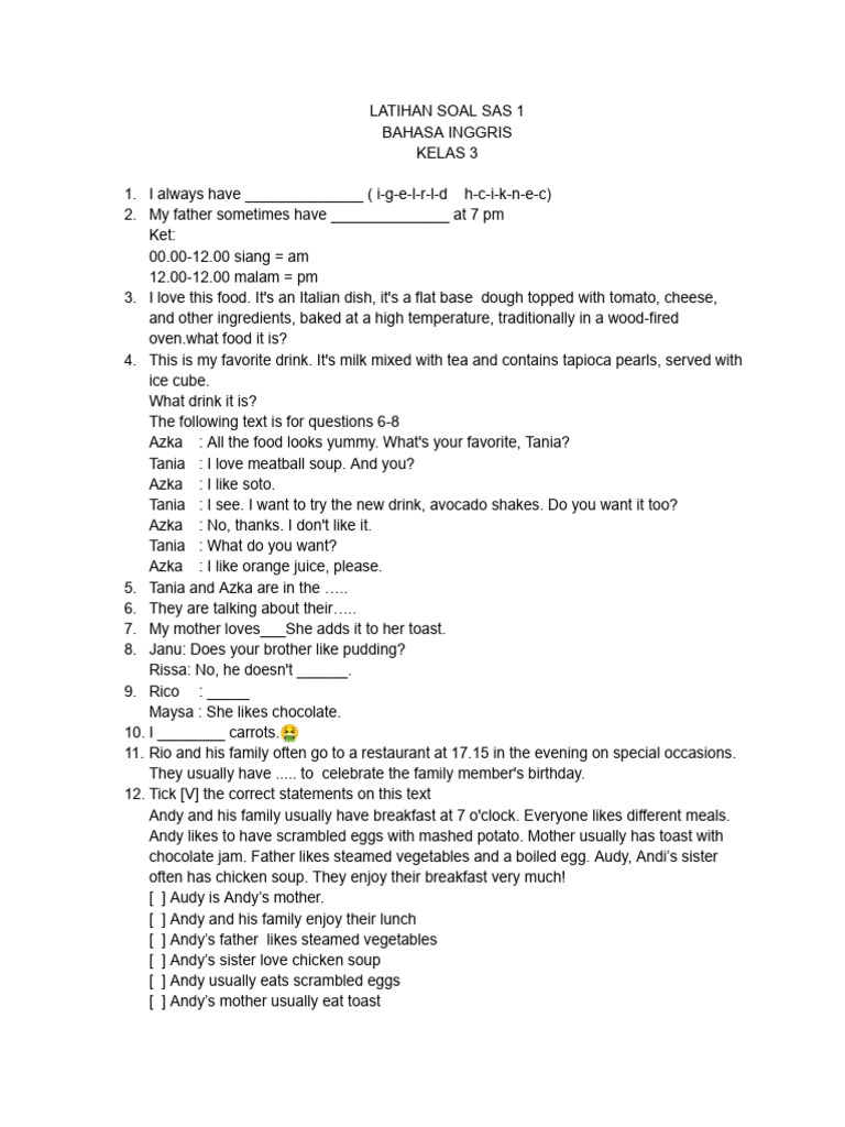 Latihan Soal Bing Sas 1 | PDF | Western Cuisine | Food And Drink Preparation