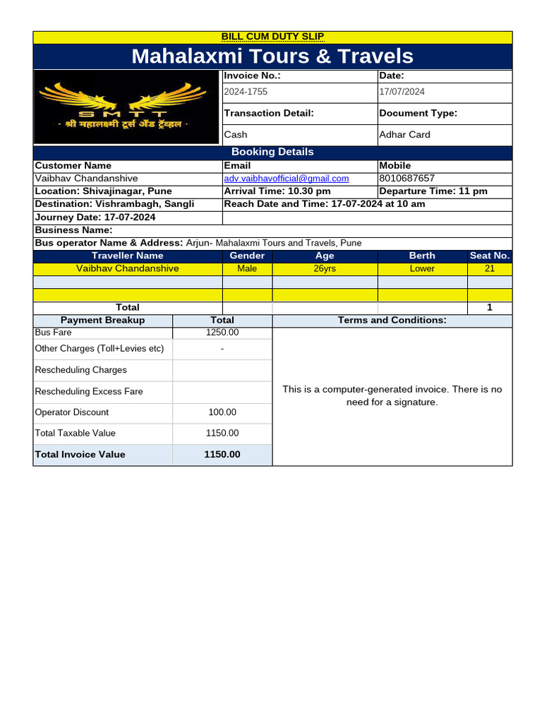 Bus Ticket Format 1 | PDF