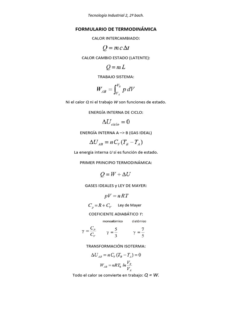 Formulario Termodinámica (Tec. e Ingeniería II) | PDF