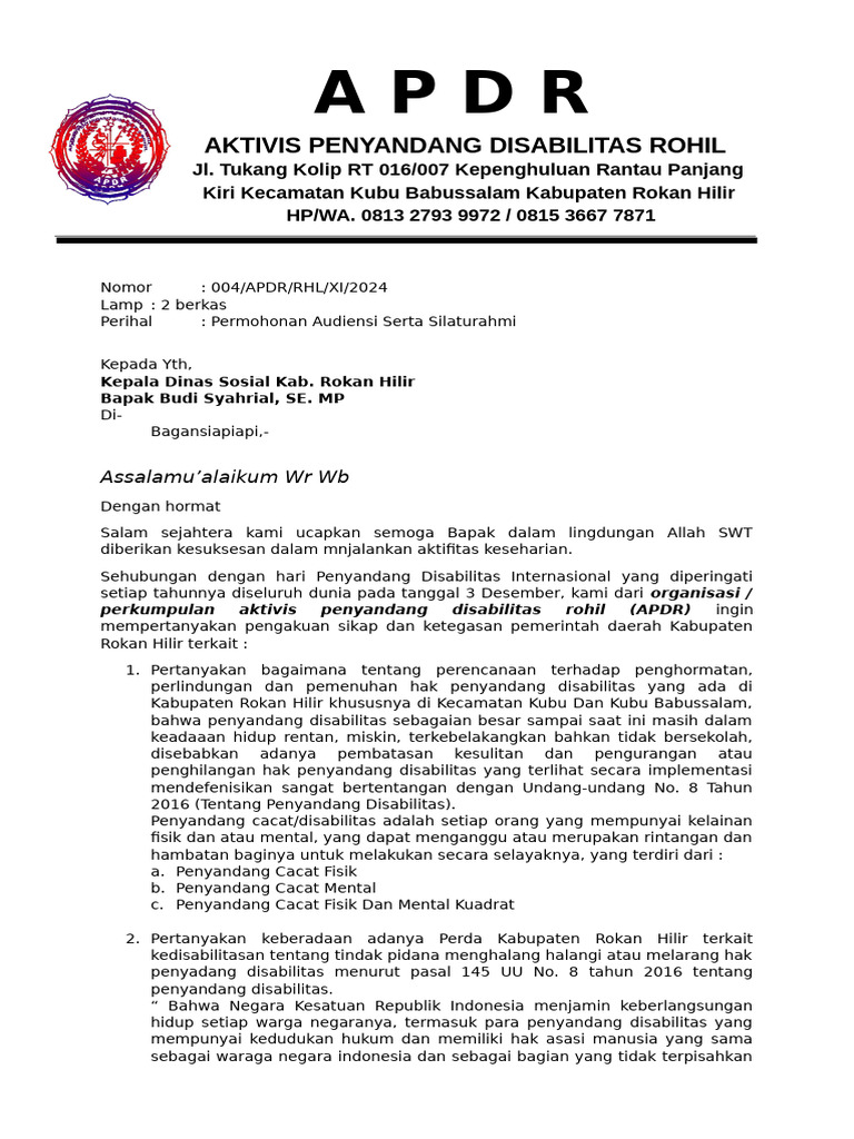 surat audiensi APDR | PDF
