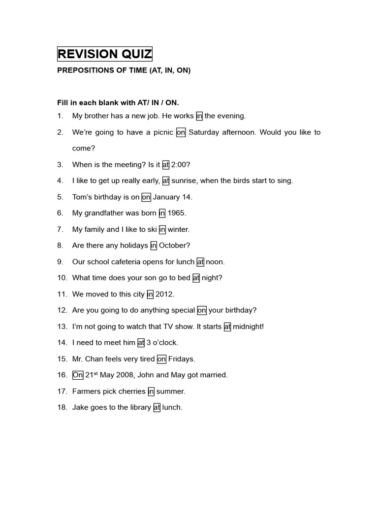 Prepositions of Time Quiz: AT, IN, ON | PDF | Travel | Cooking, Food & Wine