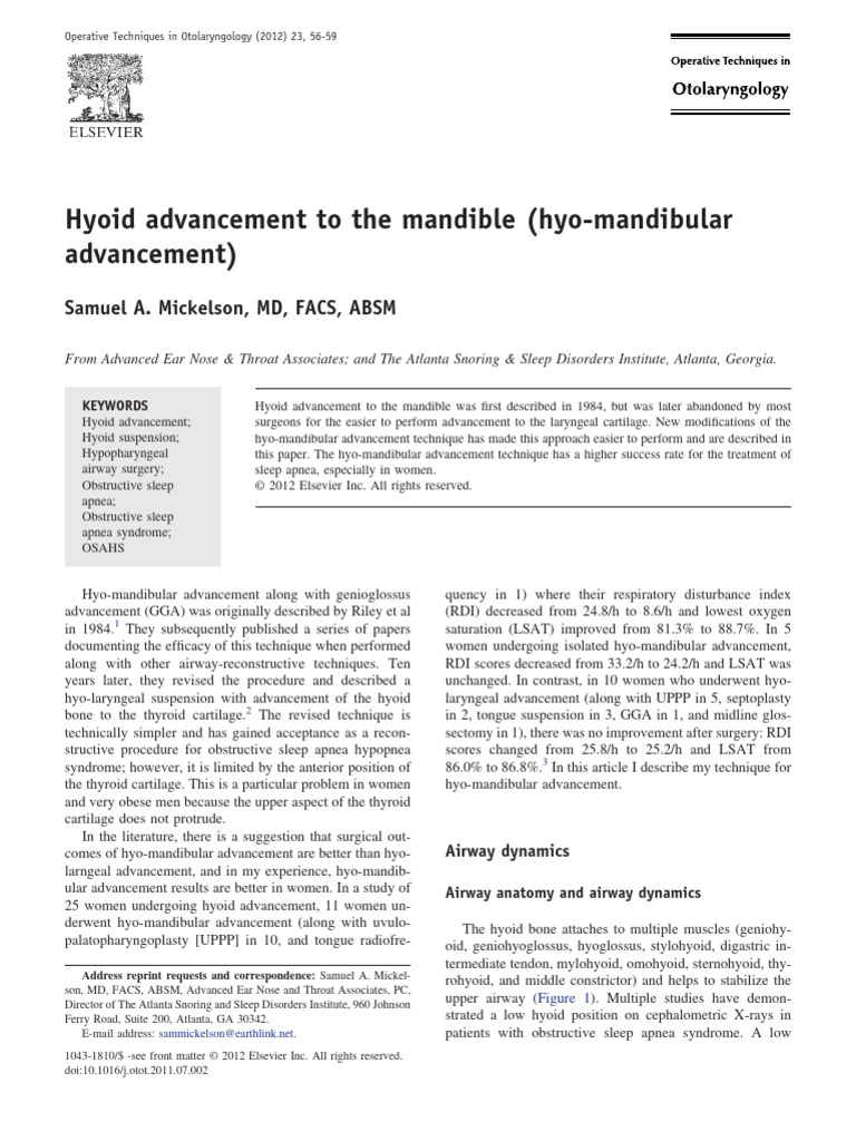 Hyoid Advancement To The Mandible (Hyo Mandibular | PDF | Sleep Apnea ...