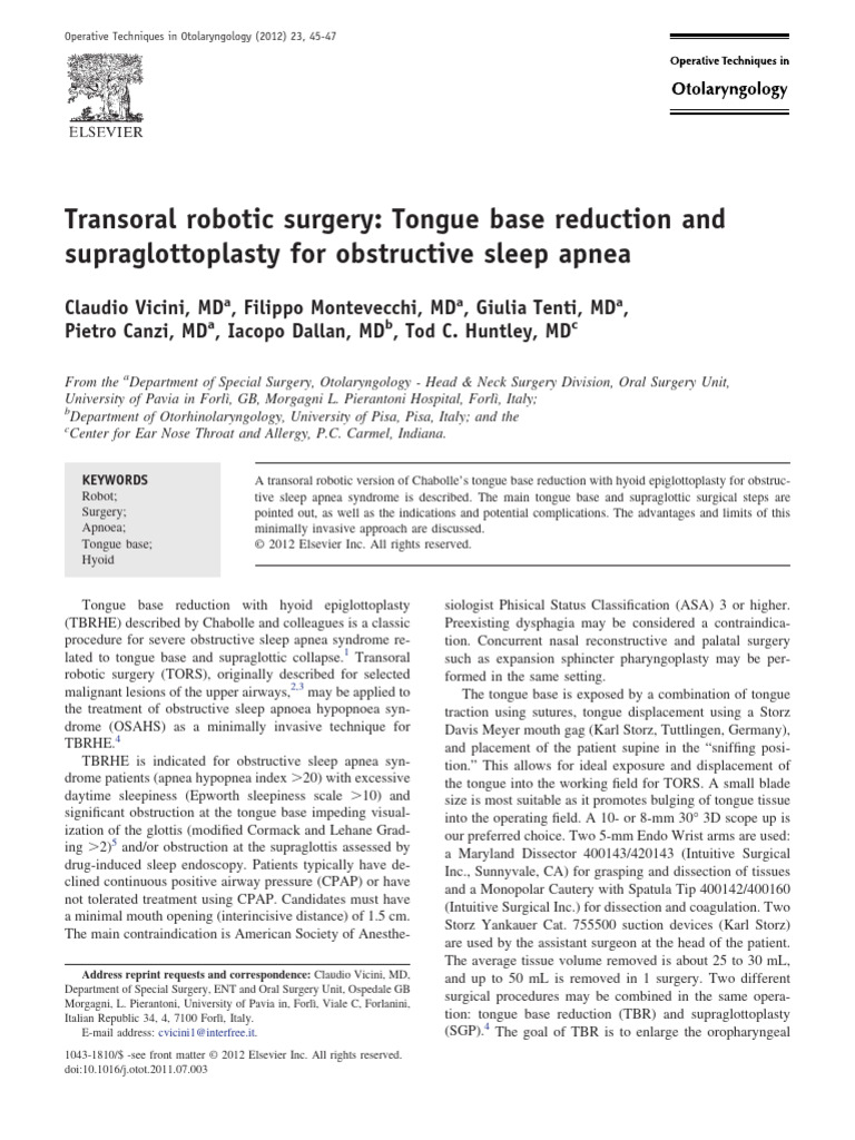Transoral Robotic Surgery Tongue Base Reduction A | PDF | Sleep Apnea ...