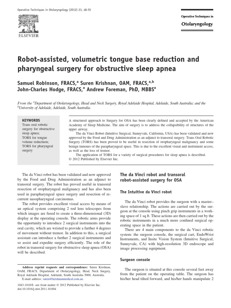 Robot Assisted, Volumetric Tongue Base Reduction A | PDF | Snoring ...