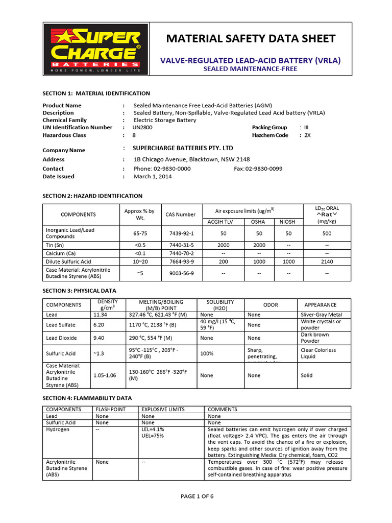 SCB MSDS-VRLA AGM Battery - 2014 | PDF | Sulfuric Acid | Lead