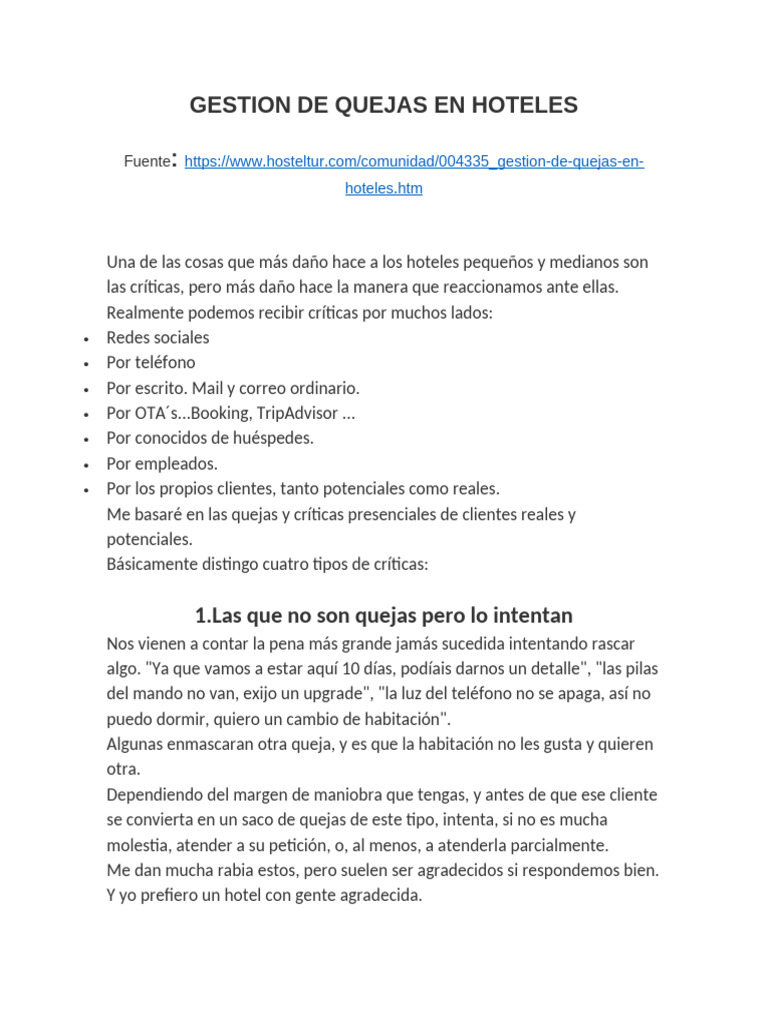 Gestion de Quejas en Hoteles | PDF | Hotel
