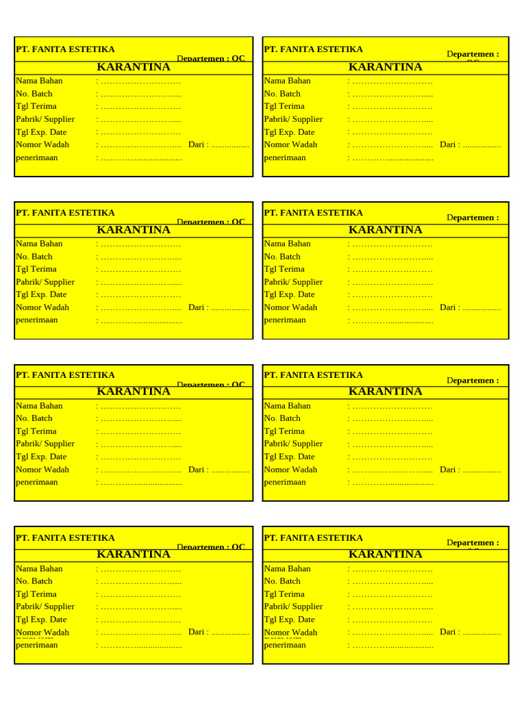 Label Karantina, Diluluskan, Ditolak Bahan Baku (Bahan Kemas) | PDF