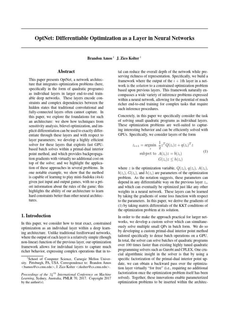 Amos, Kolter - 2017 - OptNet Differentiable Optimization As A Layer in Neural Networks | PDF ...