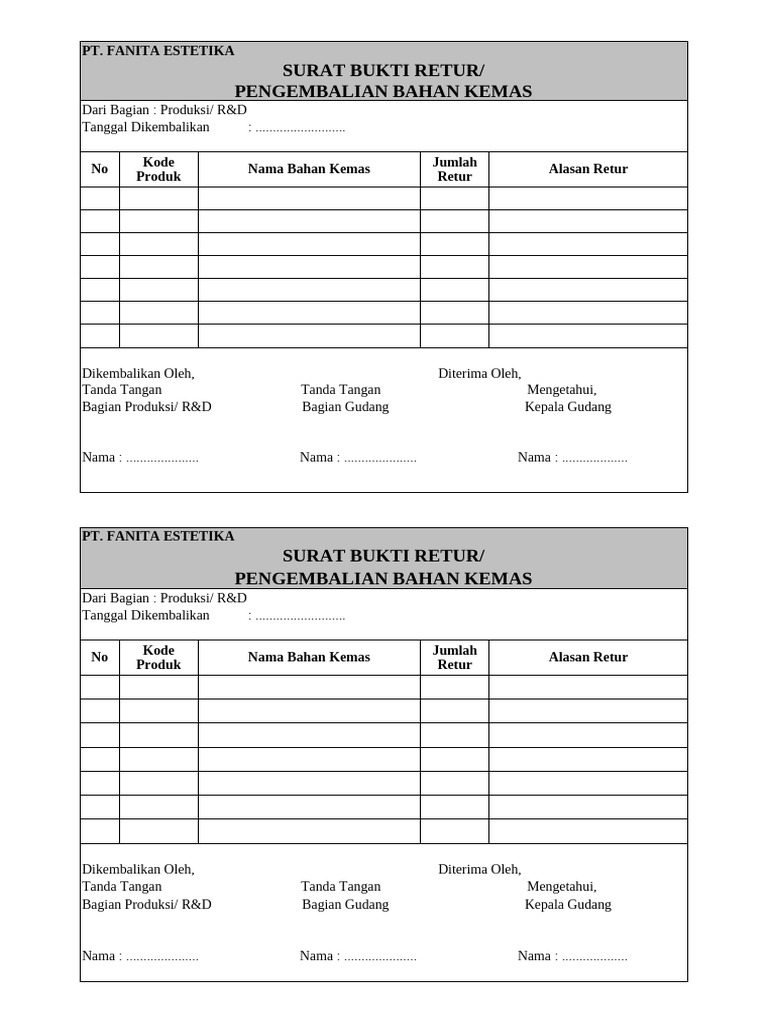 Surat Bukti Retur (Reject Barang) | PDF