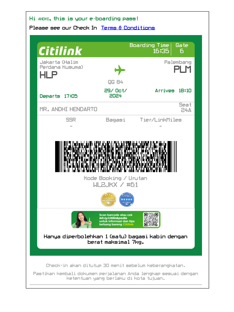 Boarding Pass Citilink | PDF