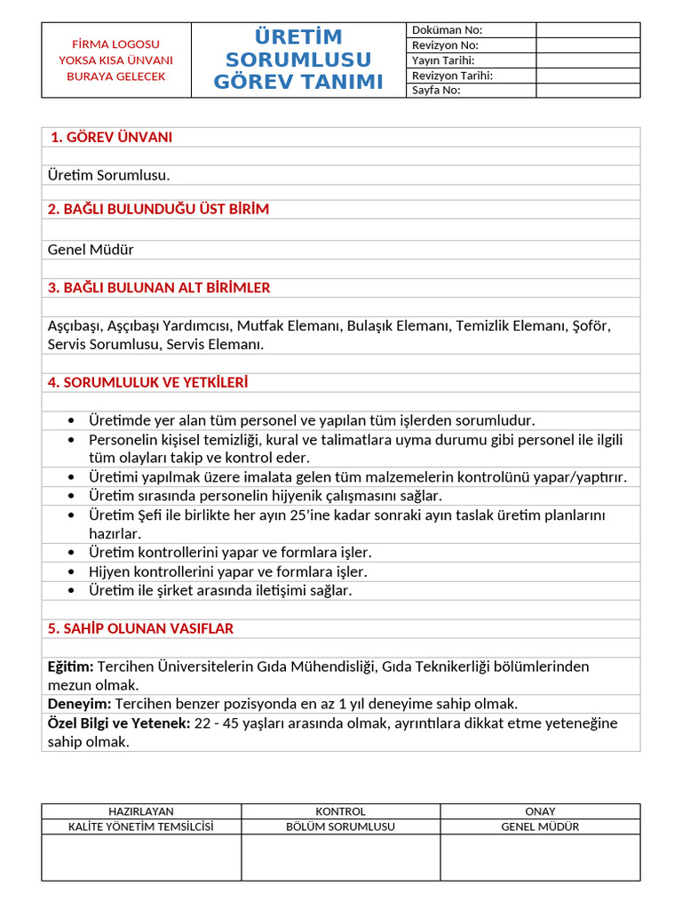 Uretim Sorumlusu Gorev Tanimi | PDF