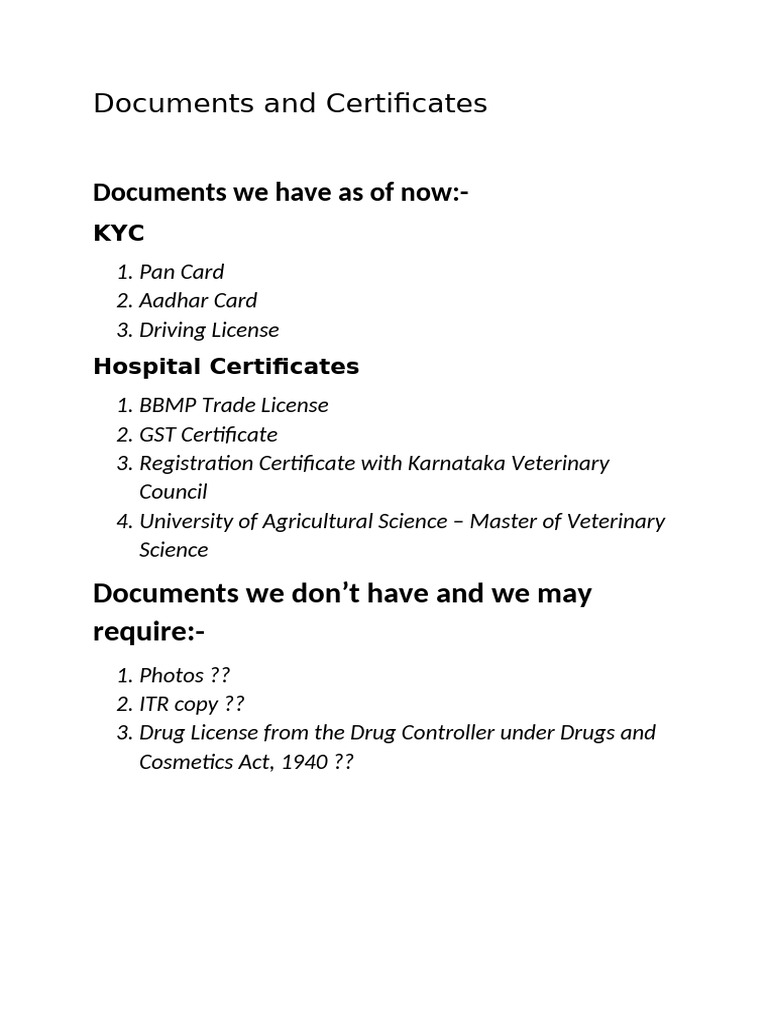 Essential KYC and Hospital Certificates | PDF