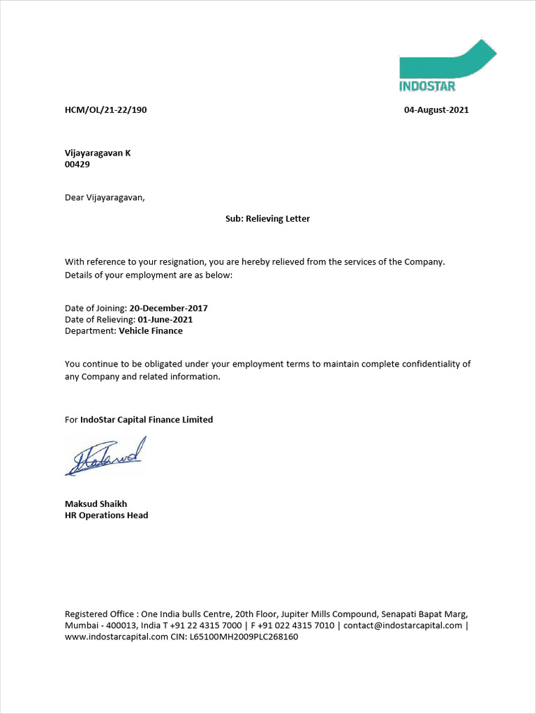 Indostar Reliving Order | PDF