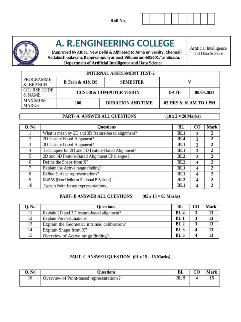 CV Ia 2 QP | PDF | Computational Science | Cognitive Science