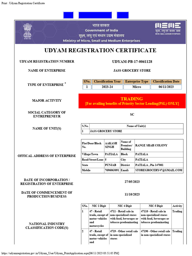 Udyam Certificate for Jass Grocery | PDF