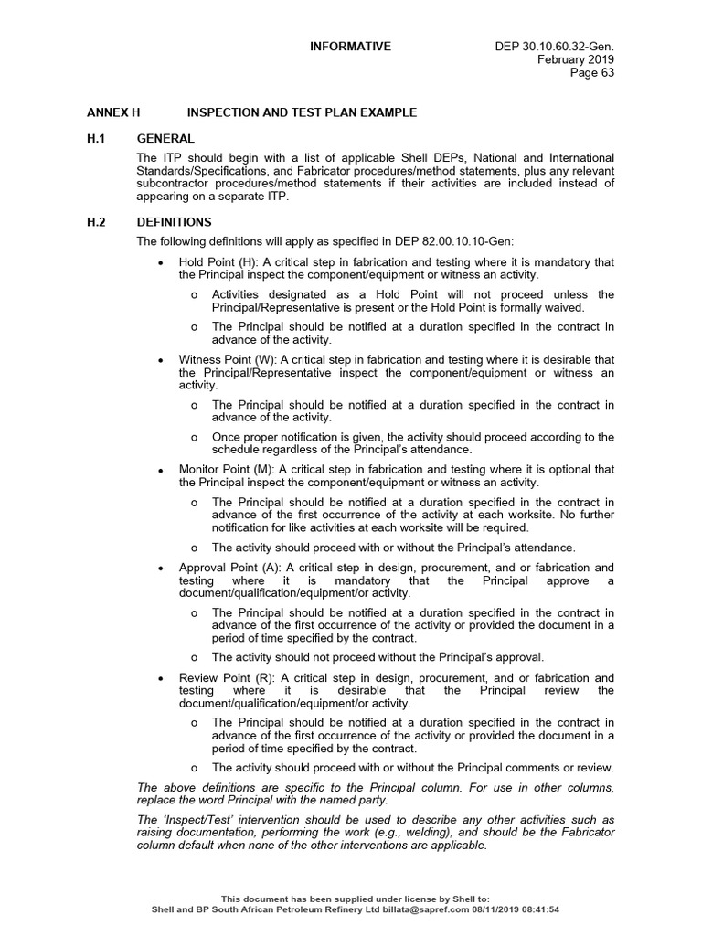 Annex H Inspection and Test Plan Example | PDF | Business