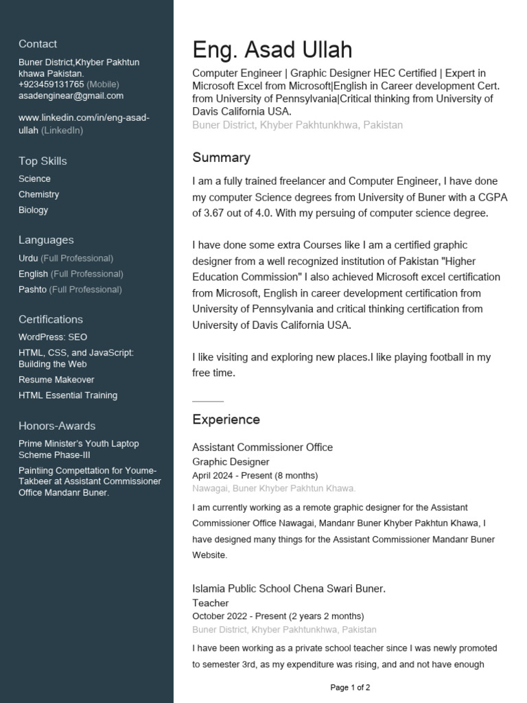 Eng. Asad Ullah CV | PDF | Career & Growth | Computers