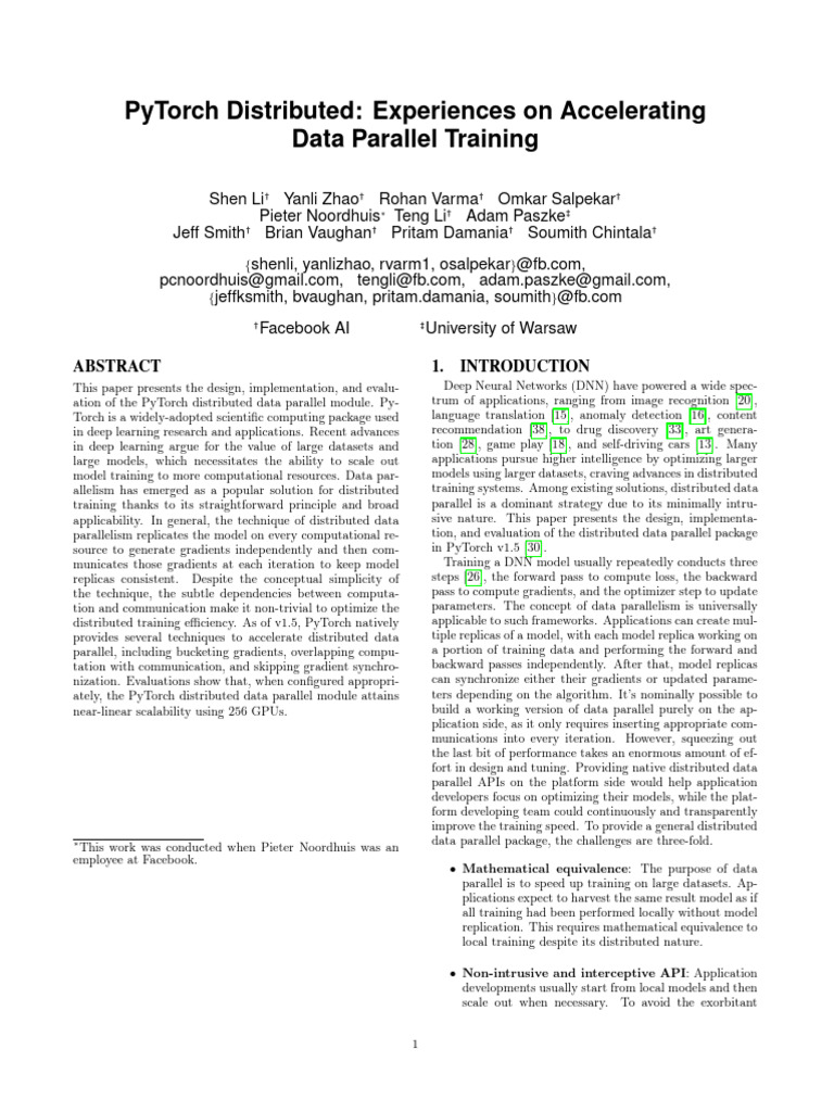 Pytorch Distributed Experiences On Accelerating Data Parallel Training Pdf Parallel