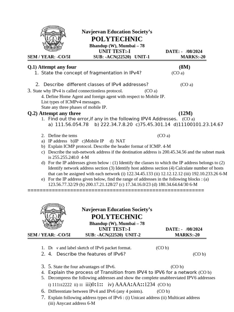 Acn Unit Wise Question Paper 2024 | PDF | Internet Protocols | I Pv6