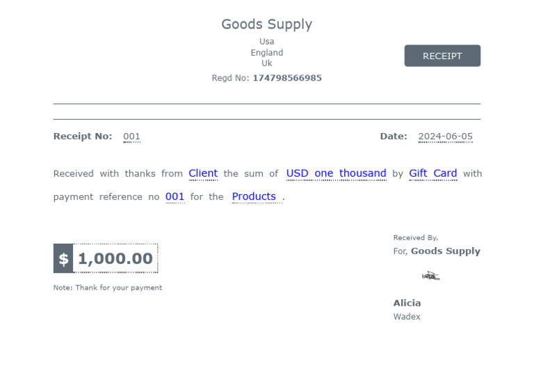 Receipt for Goods Supply Payment | PDF