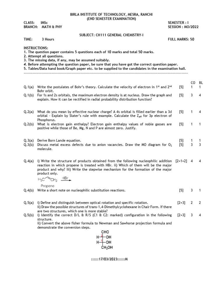 Ch111 General Chemistry-I (End - Mo22) | PDF | Atomic Orbital ...