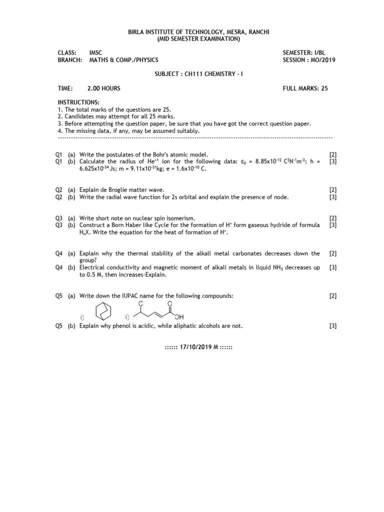 BIT Mesra CH111 Mid-Sem Exam Paper | PDF | Chemistry | Atomic Orbital