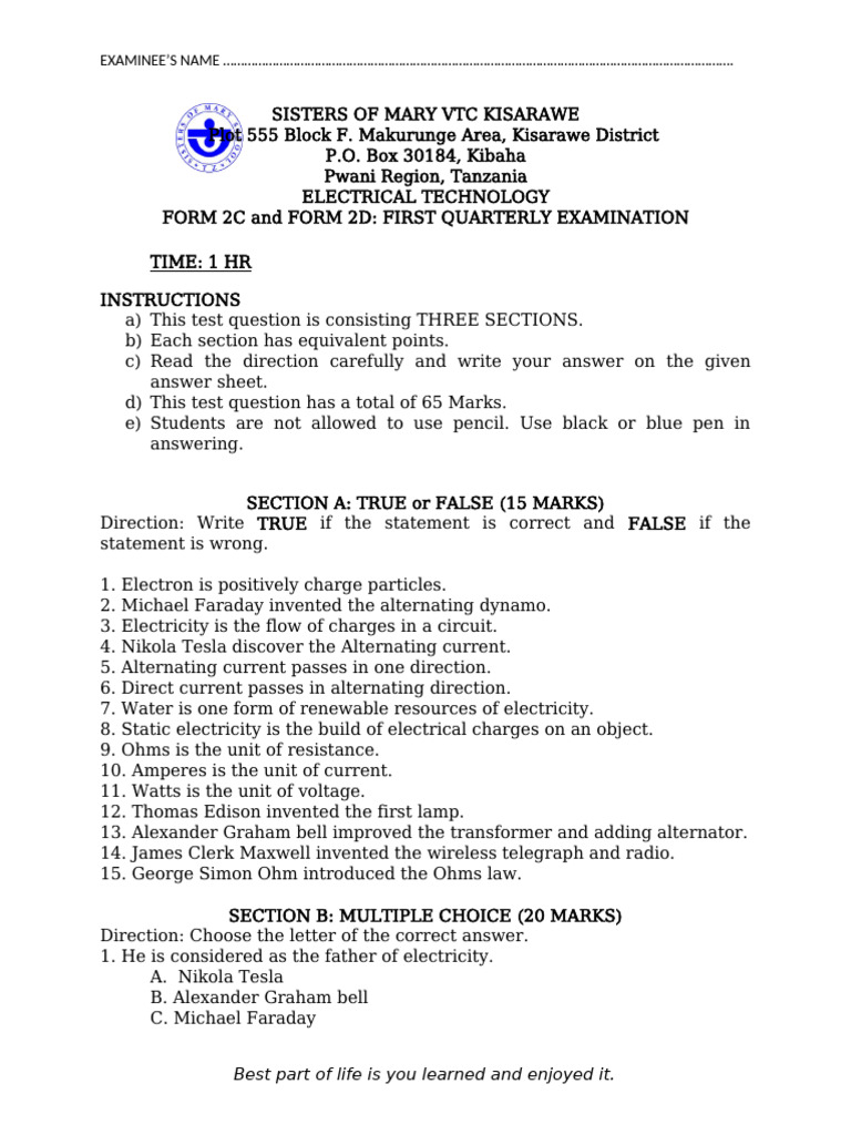 Electrical Technology Exam: Form 2C & 2D | PDF | Electrical Resistance ...