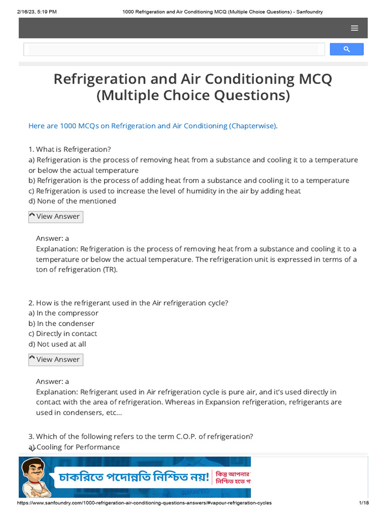1000 Refrigeration and Air Conditioning MCQ (Multiple Choice Questions) - Sanfoundry | PDF | Air ...