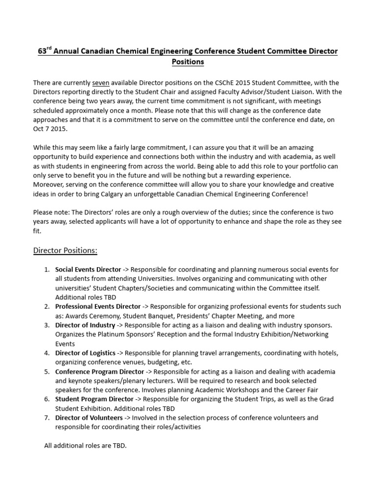 CSChE 2015 Student Committee Director Roles | PDF | Career & Growth ...