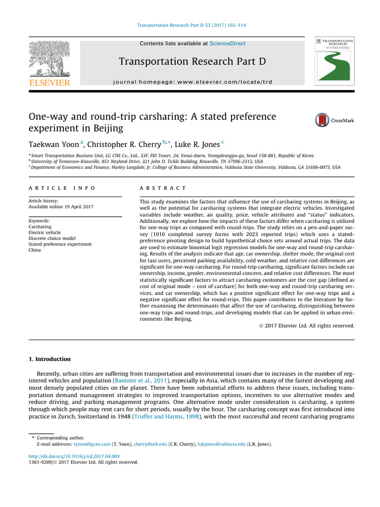 One-Way and Round-Trip Carsharing - A Stated Preference Experiment in Beijing | PDF | Electric ...