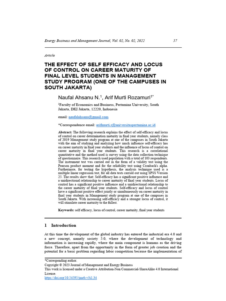 The Effect Of Self Efficacy And Locus Of Control On Career Maturity Of