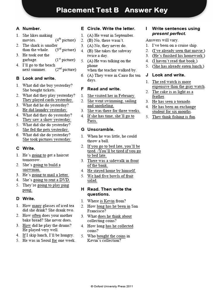 PlacementTest B AnswerKey | PDF