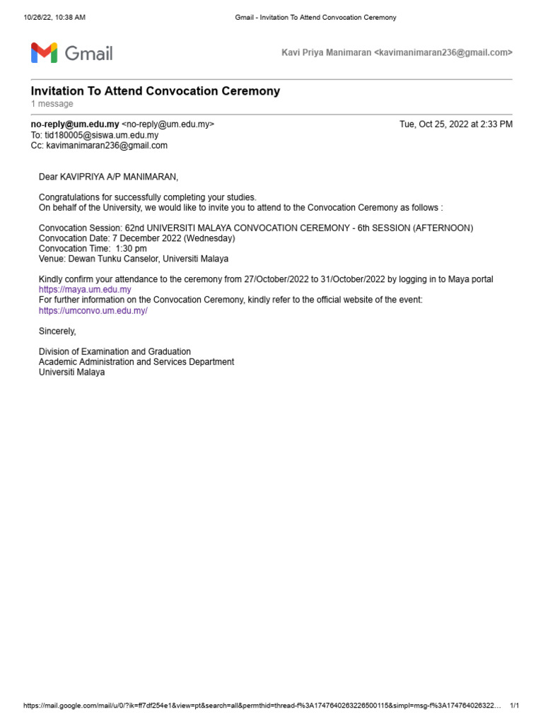Gmail - Invitation To Attend Convocation Ceremony | PDF