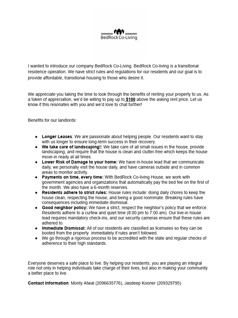 BedRock Co-Living Intro | PDF | Landlord