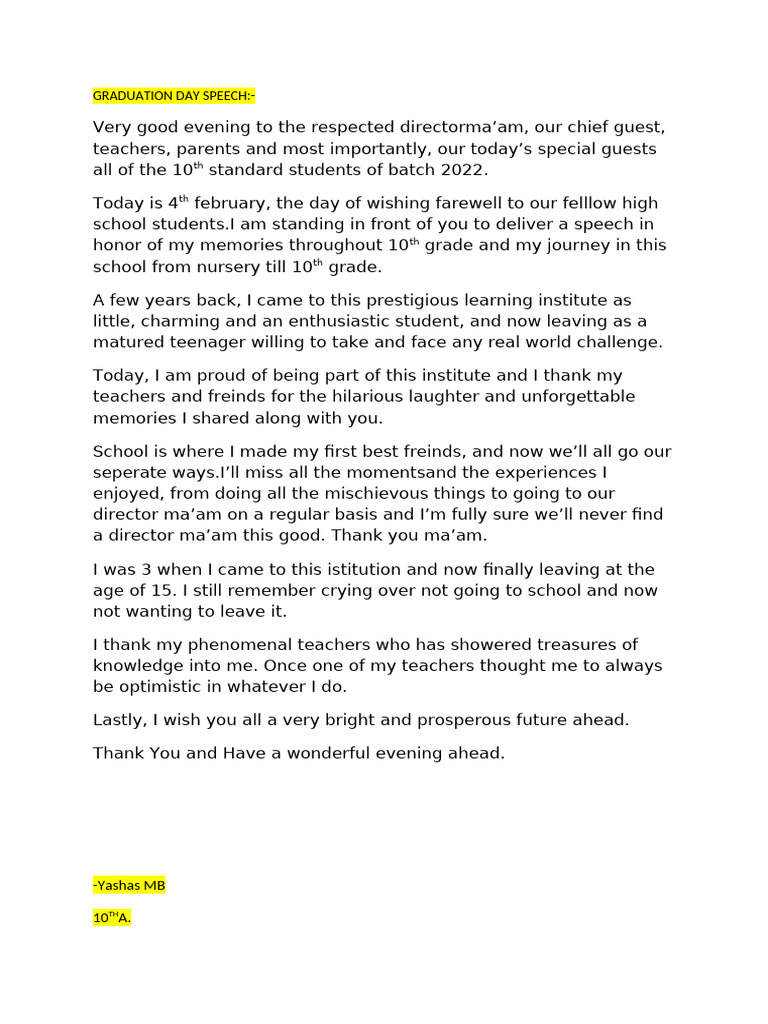 Yashas MB Graduation Day Speech 10th Grade | PDF | Social Science ...