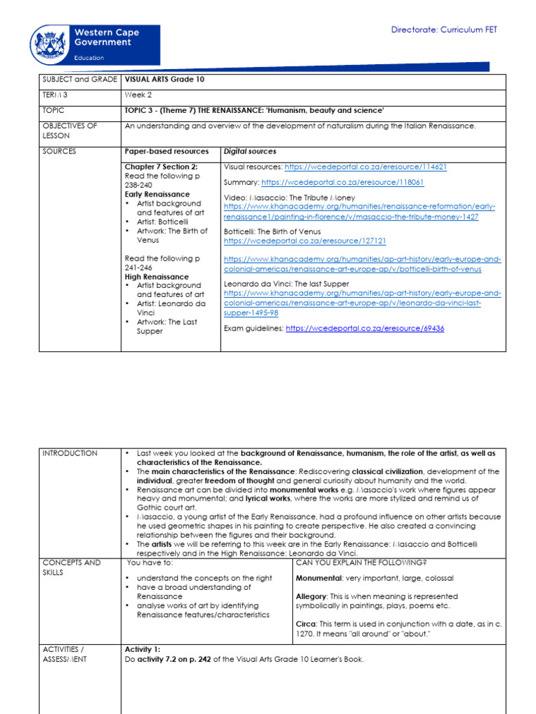 Visual Arts Grade 10 Term 3 Week 2 - 2020 | PDF | Renaissance | Perspective (Graphical)