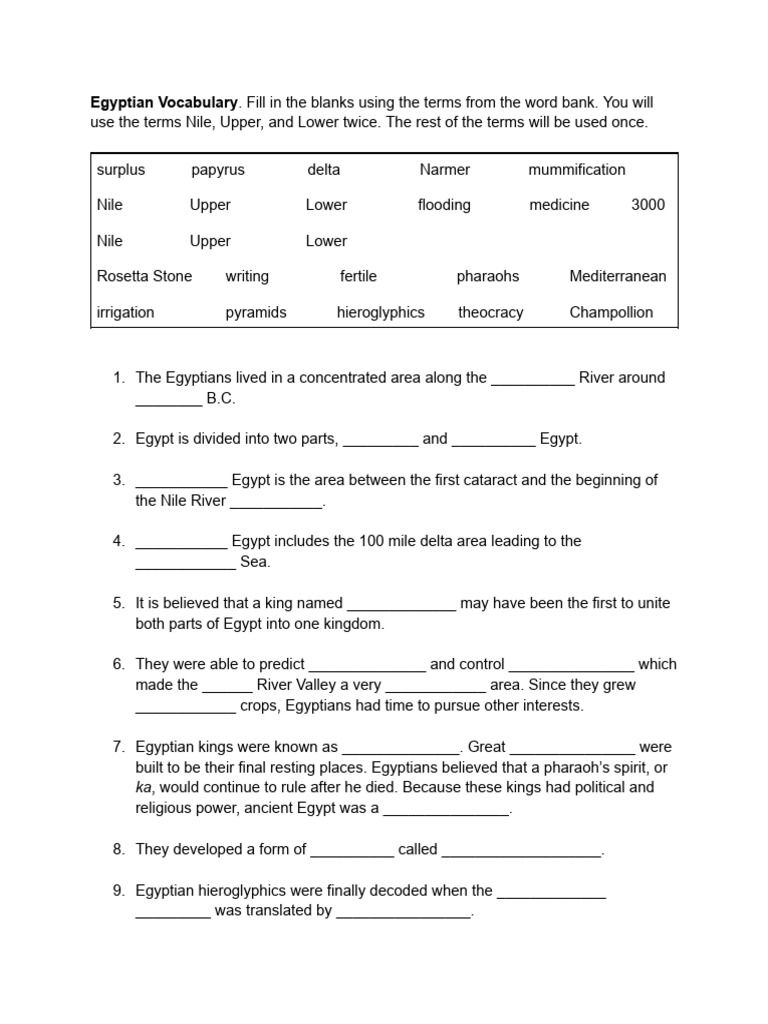 Egypt Vocabulary Gap - Fill Worksheet | PDF | Ancient Egypt | Nile