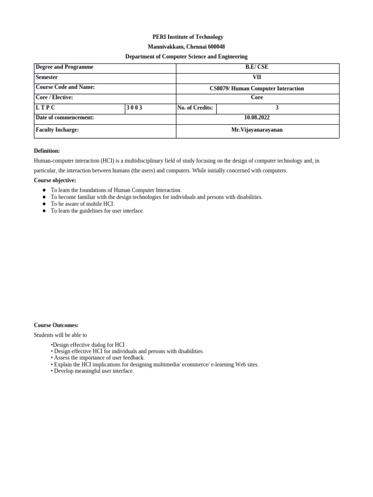 CS8079 - HCI - Lesson Plan 2022-23 | PDF | Human–Computer Interaction | Software Development Process