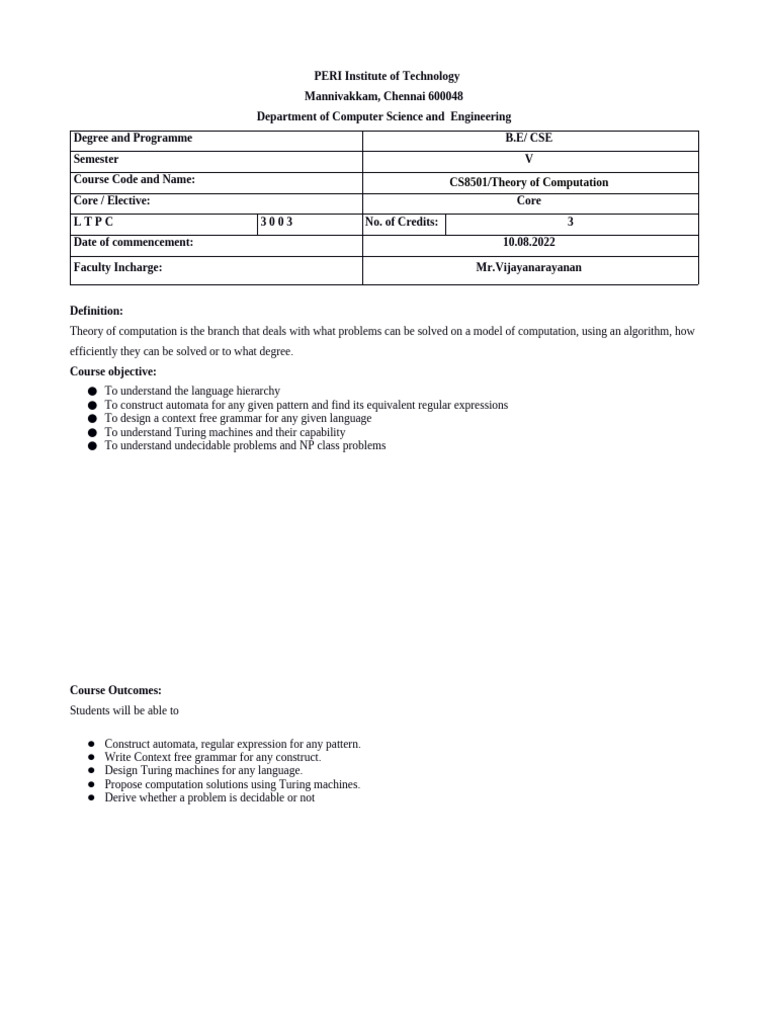 CS8501 - TOC - Lesson Plan 2022-23 | PDF | Theory Of Computation | Automata Theory