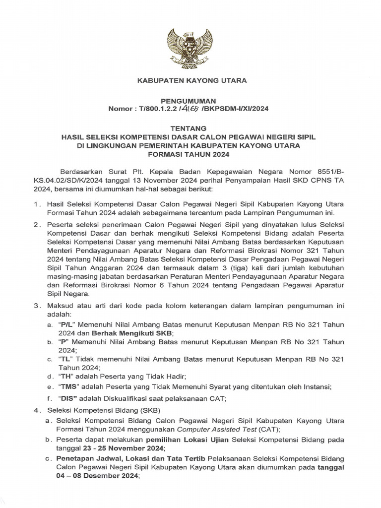 Pengumuman Hasil Seleksi Kompetensi Dasar (SKD) Cpns Kab. Kayong Utara Formasi Tahun 2024 | PDF